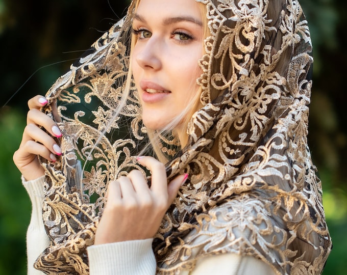 NEW!! Infinity Gold Chapel Veil, Catholic Lace Mantilla, Catholic Head ...