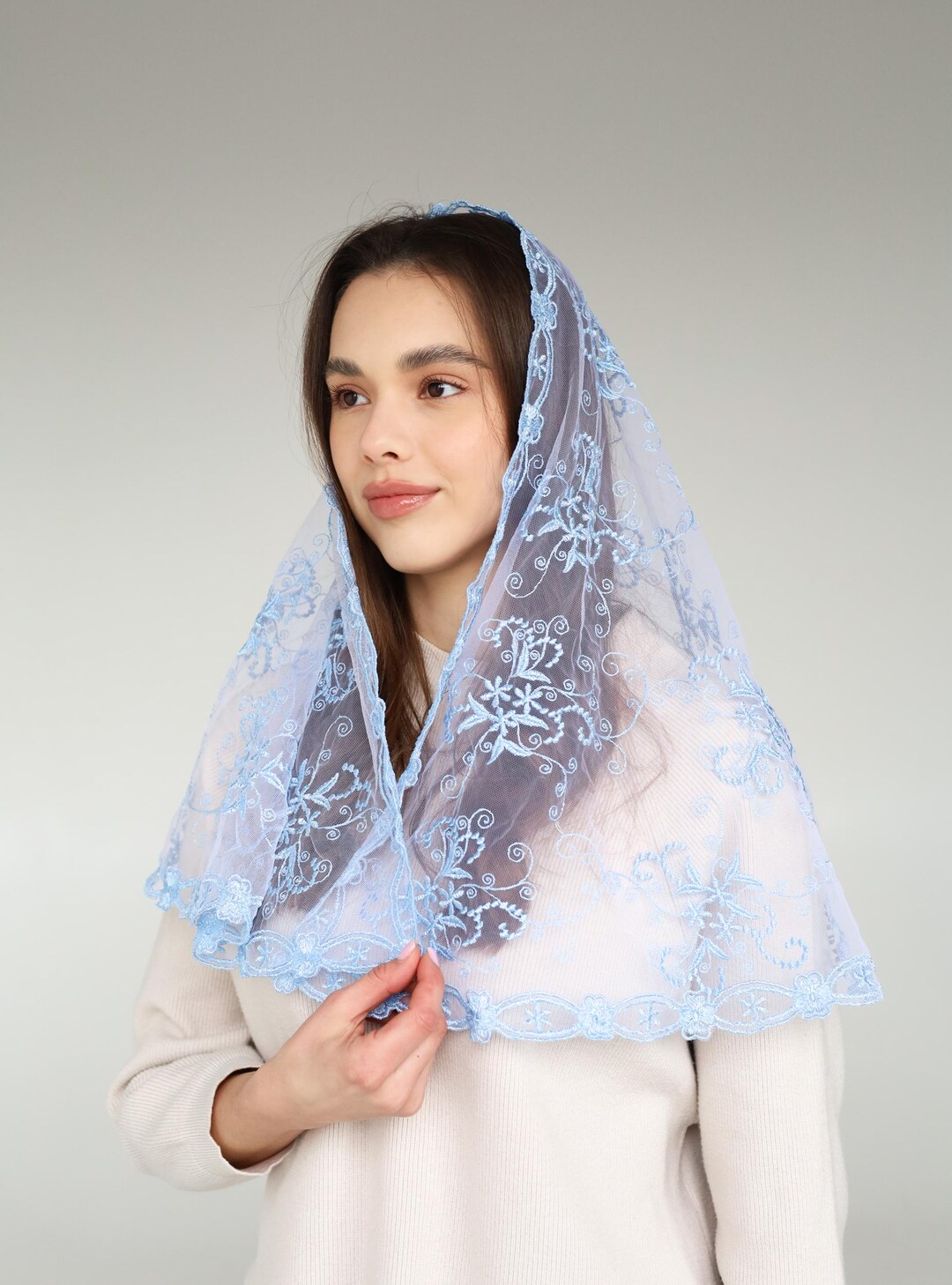 Blue Chapel Veil, Lace Chapel Veil Mantilla, Light Blue Church Veil - Etsy