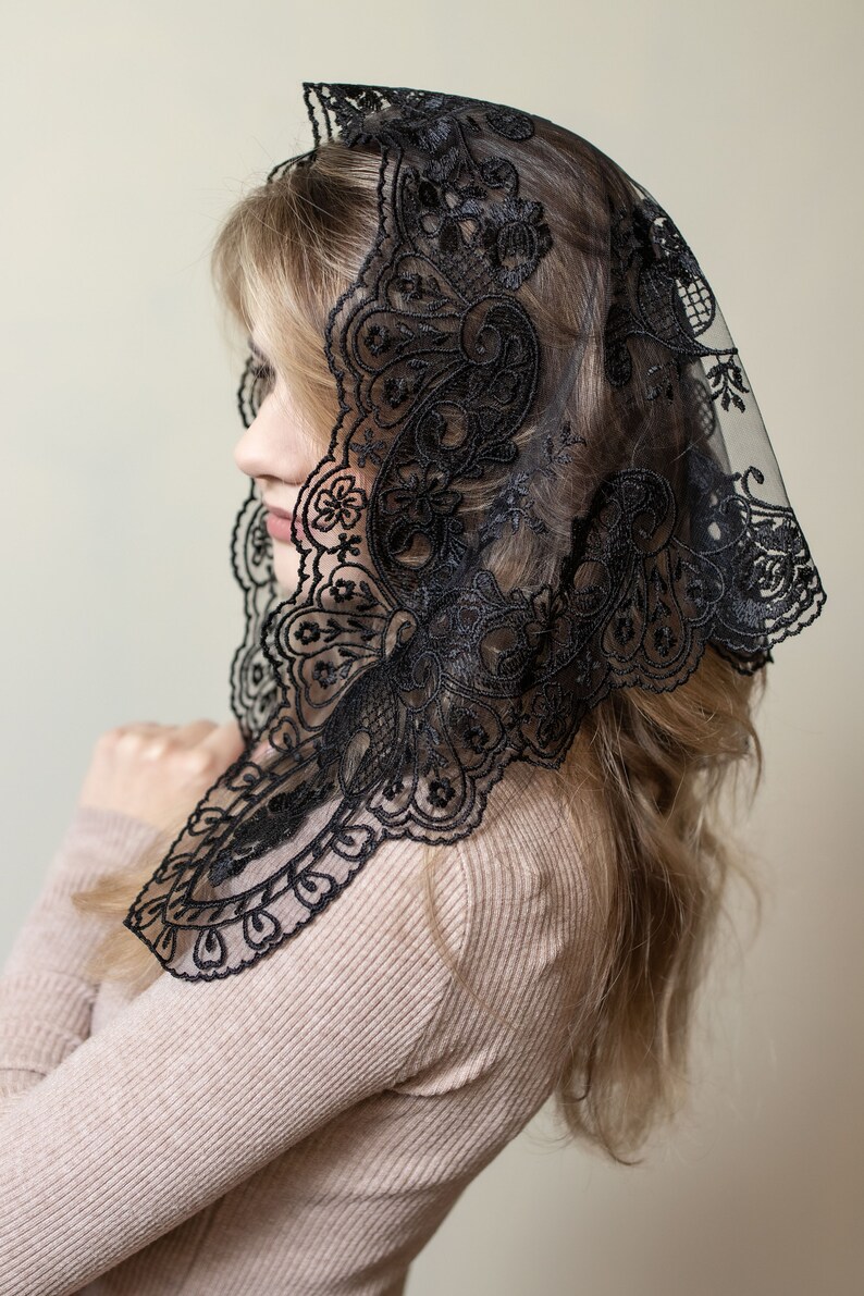 NEW Black Chapel Veil With Floral Black Lace Scarf Black - Etsy