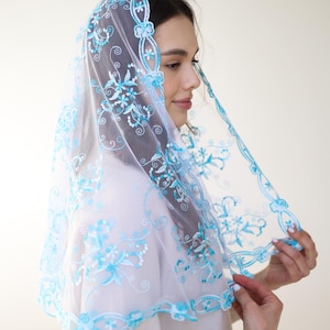 Light Blue Gradient Limited Veil, Long Mantilla, Blue Catholic Veil ...