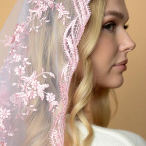 Pink Traditional Catholic D Shape Mantilla Veil, Pink Lace Scarf, Pink ...
