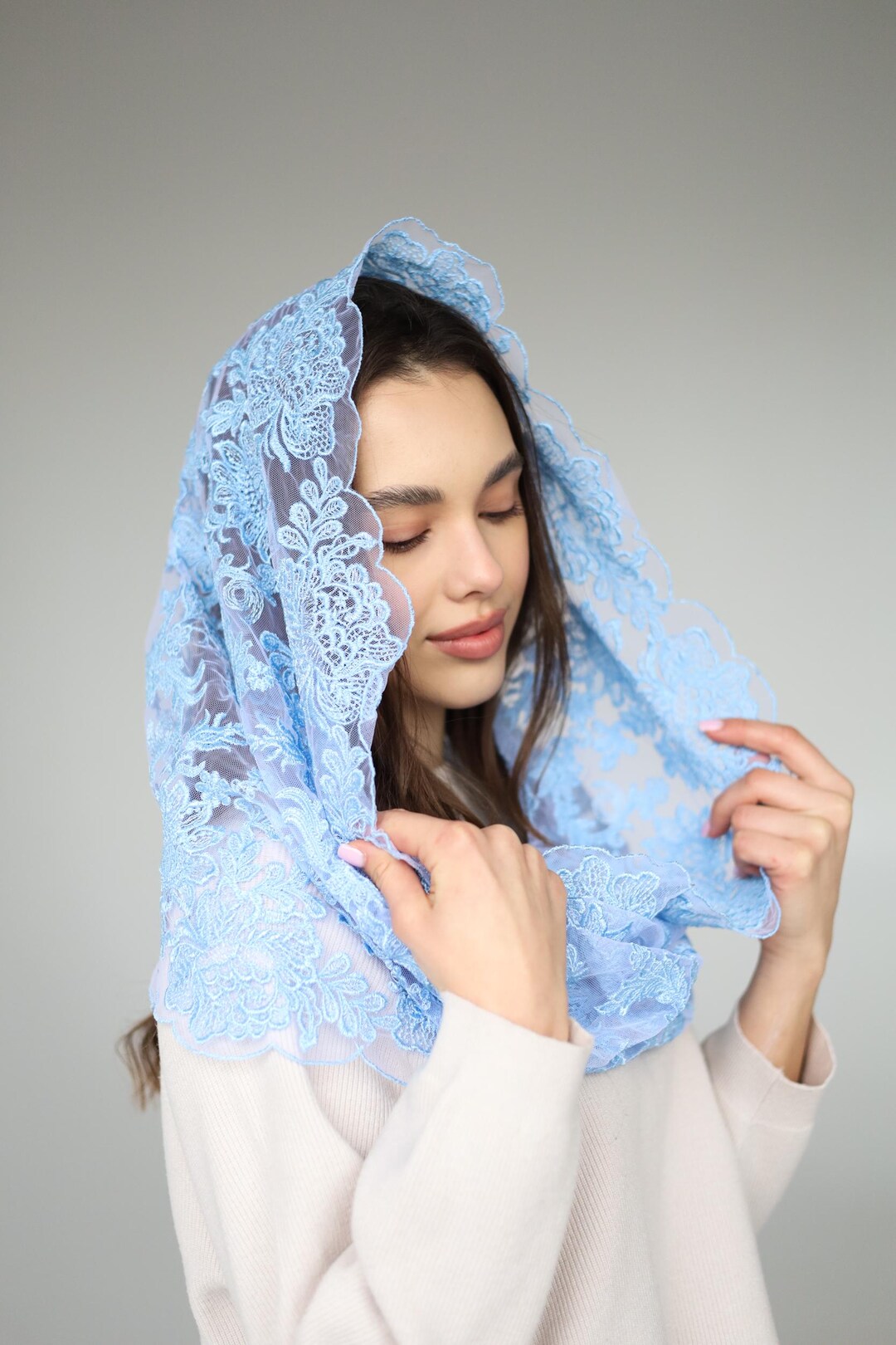 Infinity Blue Chapel Veil, Catholic Lace Mantilla, Catholic Head ...
