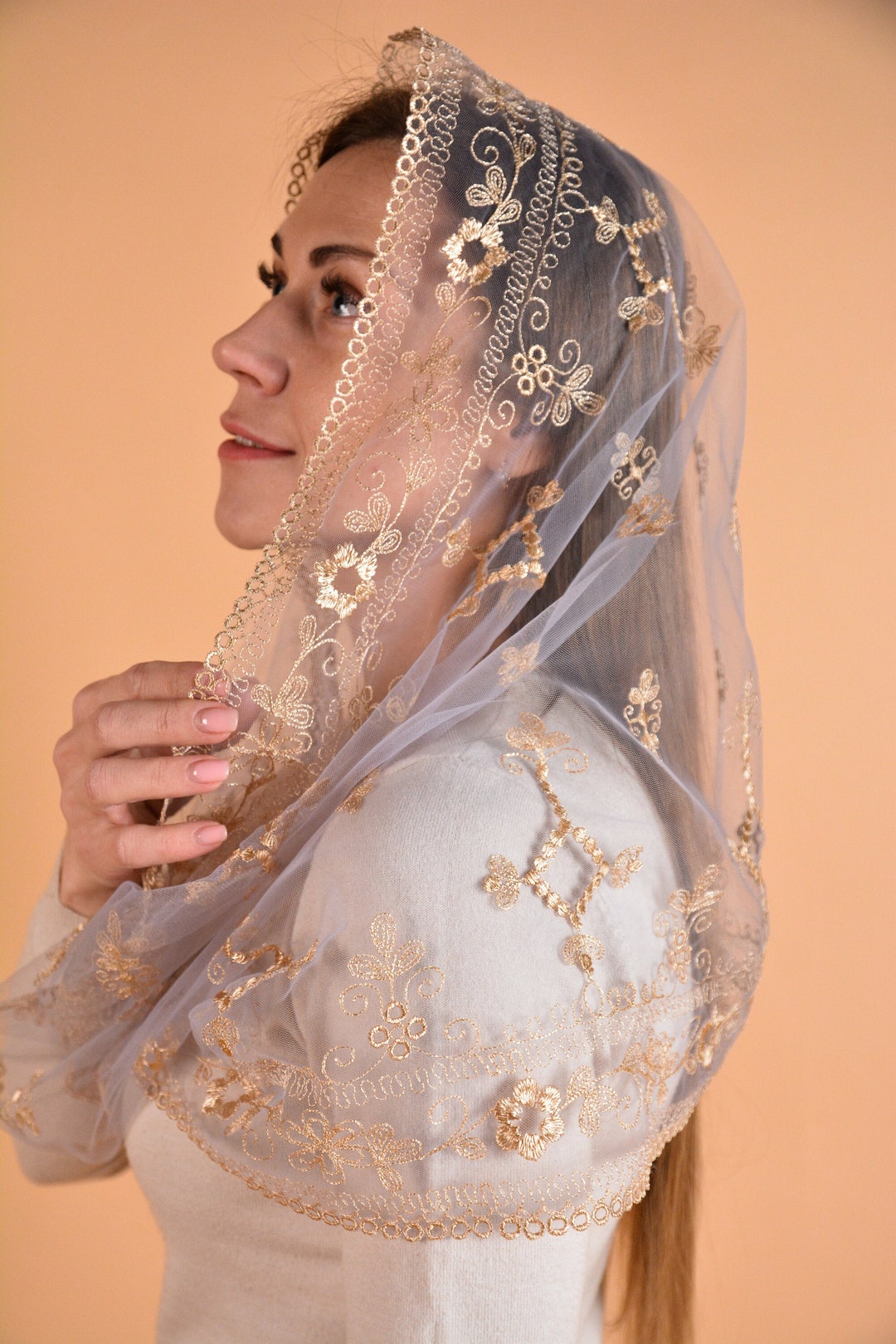 Gold Infinity Chapel Veil With Floral Embroidery, Church Lace, Catholic ...