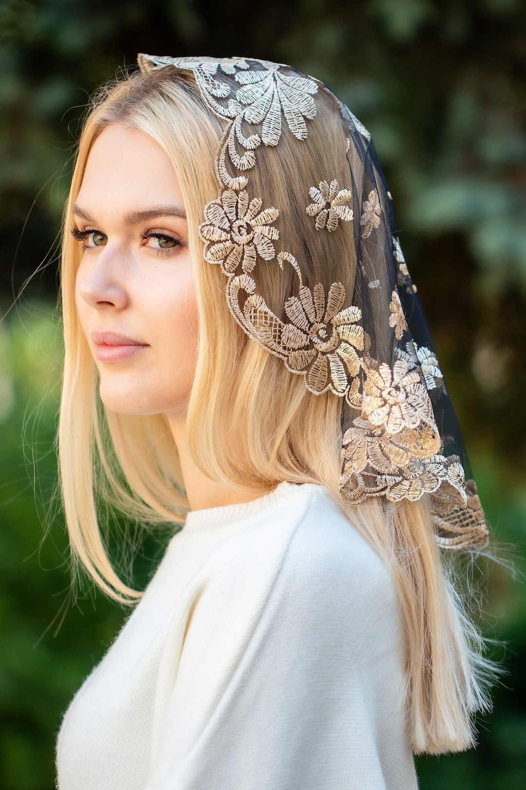 Gold Short Veil , Catholic Head Covering Veil for Church, Catholic Lace ...