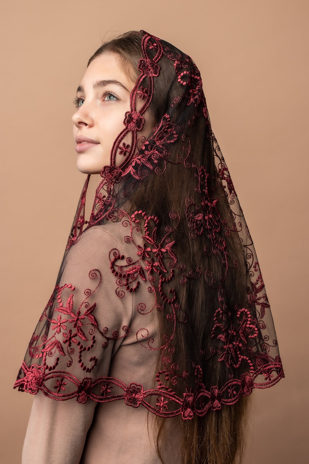Burgundy Veil for Church, Catholic Mass Veil, Cathedral Veil Lace ...