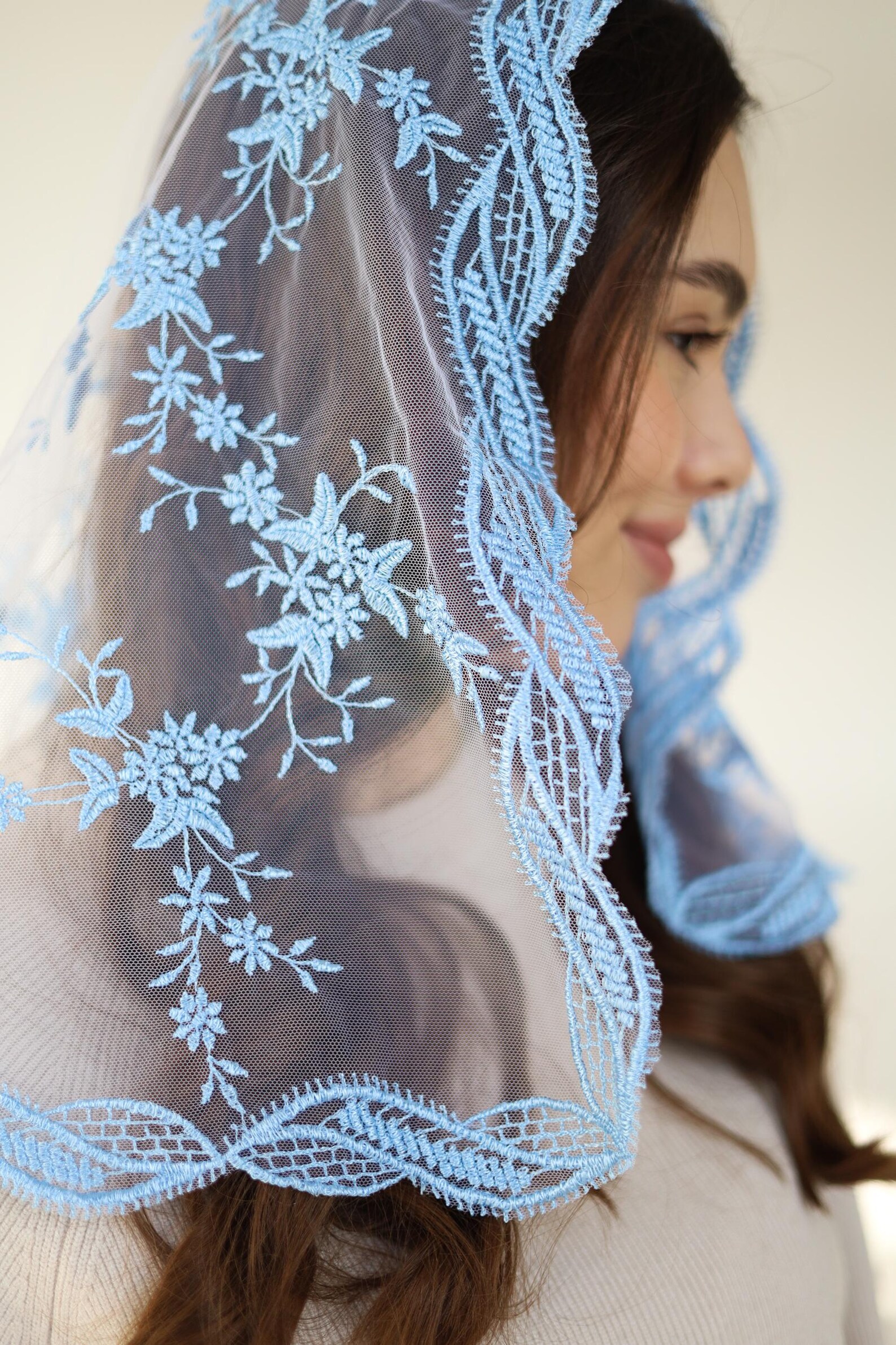 Blue Traditional Catholic D Shape Mantilla Veil, Blue Lace Scarf, Black ...