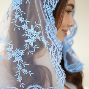 Blue Traditional Catholic D Shape Mantilla Veil, Blue Lace Scarf, Black ...