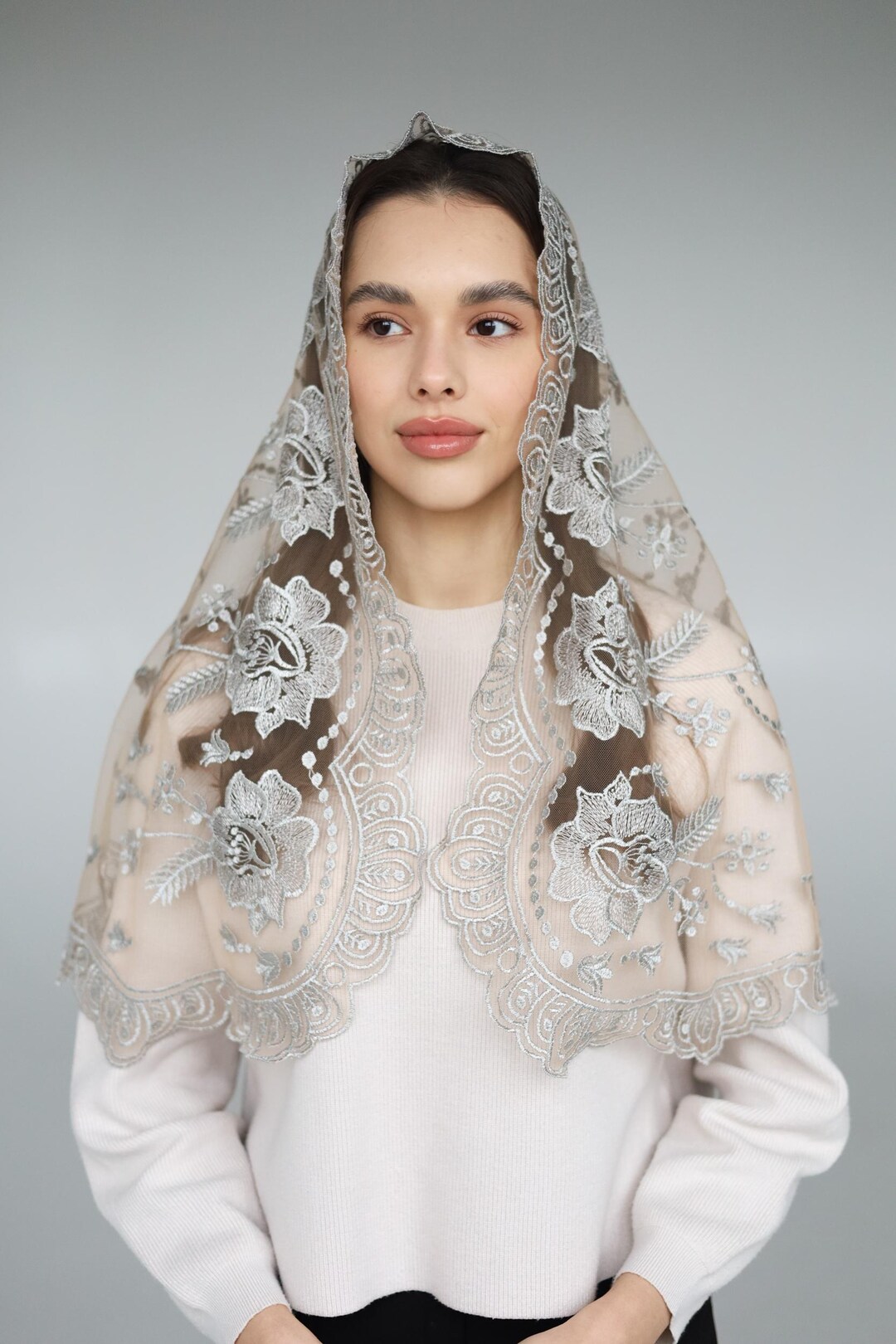 Our Lady of Guadalupe Veil, D Shape Grey Chapel Veil, Catholic Head ...