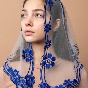 Blue Veil With Floral Embroidery, Church Lace Head Covering Veil ...