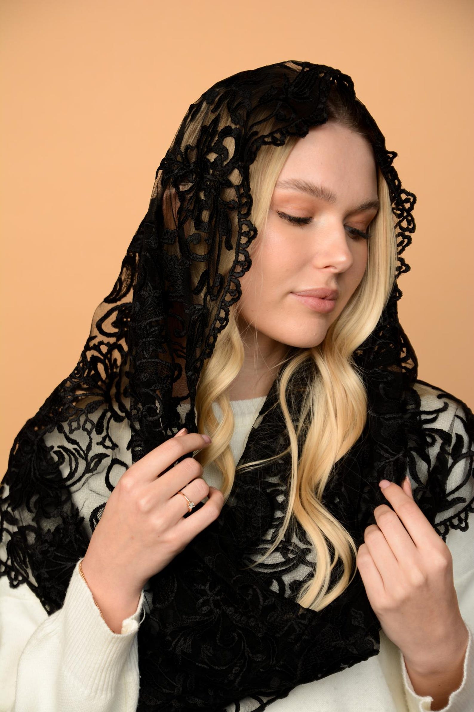 Black Lace Mantilla, Church Veil Cap, Lace Head Covering Veil, Trinity ...
