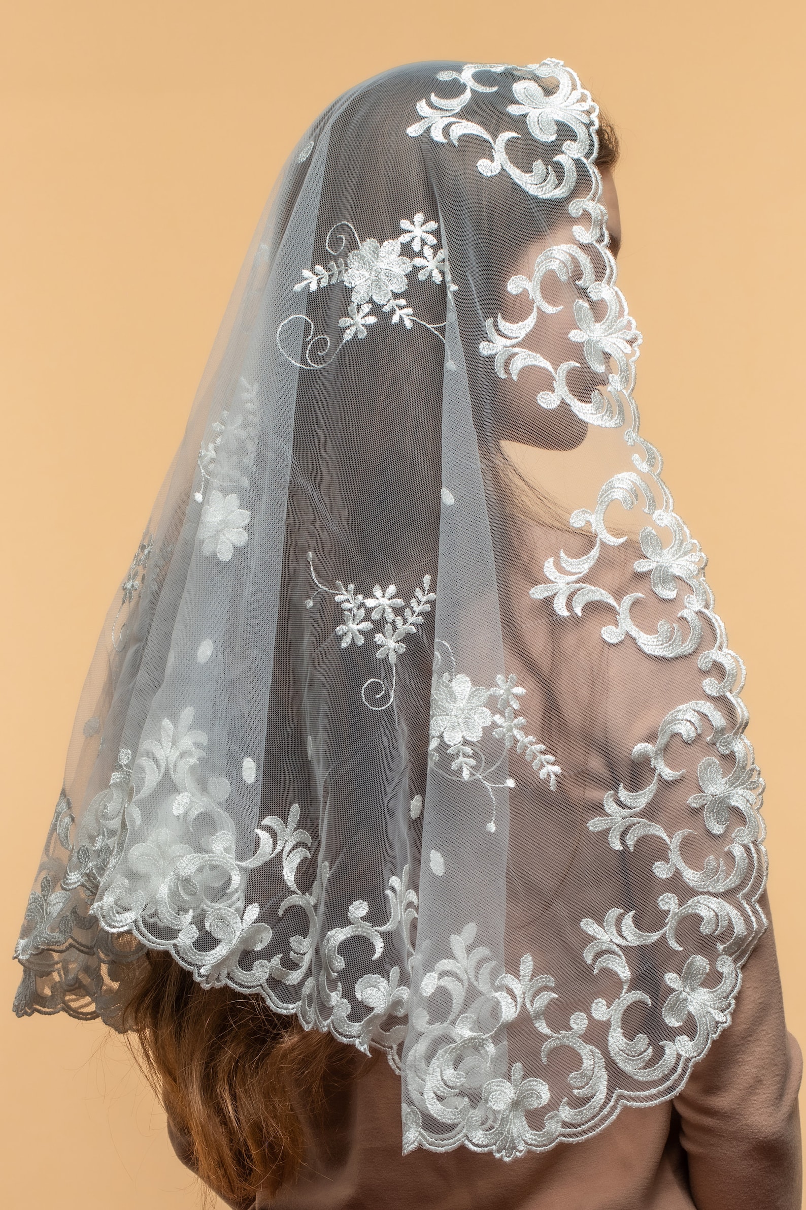 Lace Chapel Veil With Floral Design Classic Lace Chapel Veil - Etsy