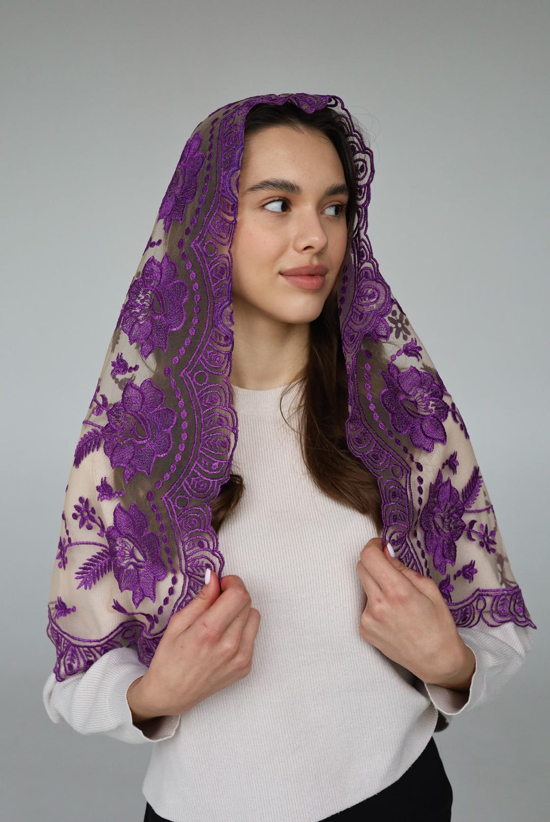 Long Lace Mantilla in Purple Color, Chapel Veil With Lace Veil, Long ...