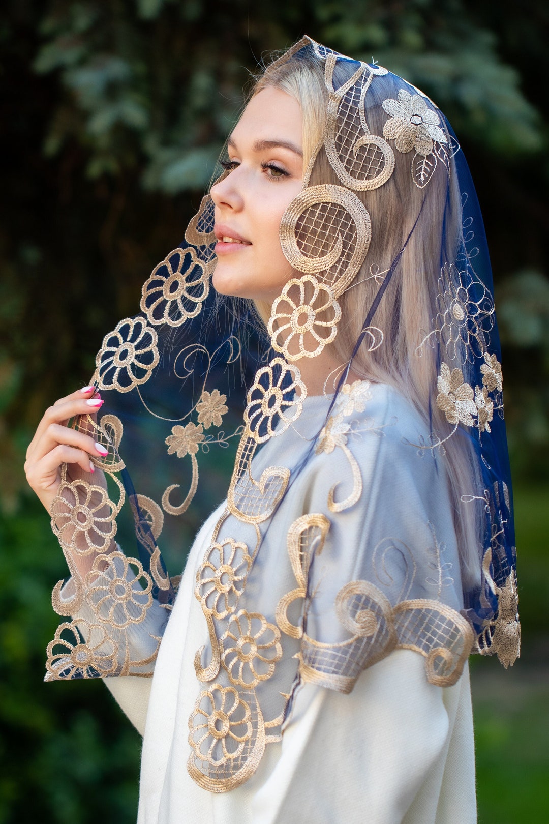 Blue Catholic Head Covering Veil, Catholic Gold Lace Mantilla, Veil for ...