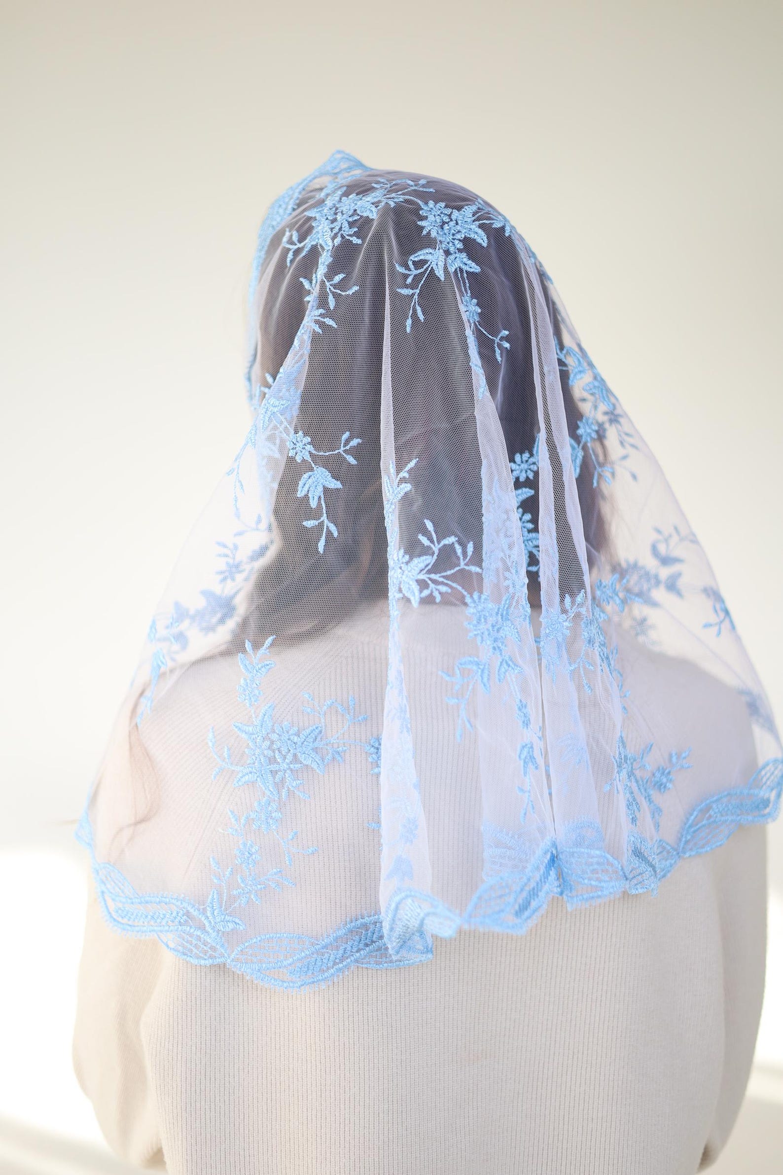Blue Traditional Catholic D Shape Mantilla Veil, Blue Lace Scarf, Black ...