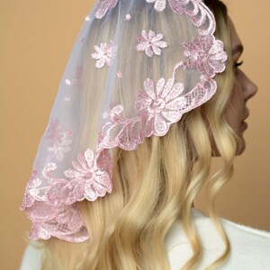 Pink Short Veil , Catholic Head Covering Veil for Church, Catholic Lace ...
