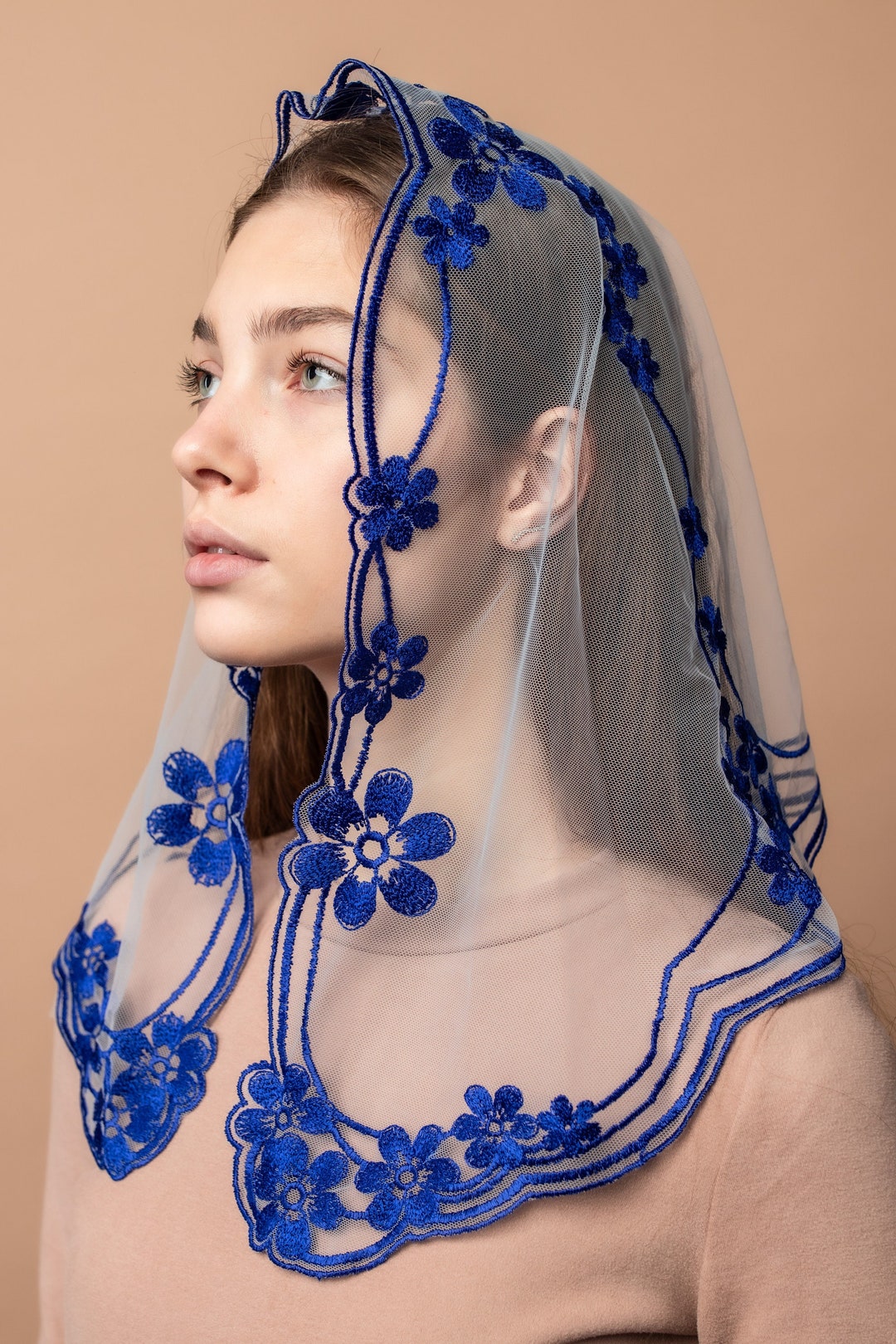 Blue Veil With Floral Embroidery, Church Lace Head Covering Veil ...