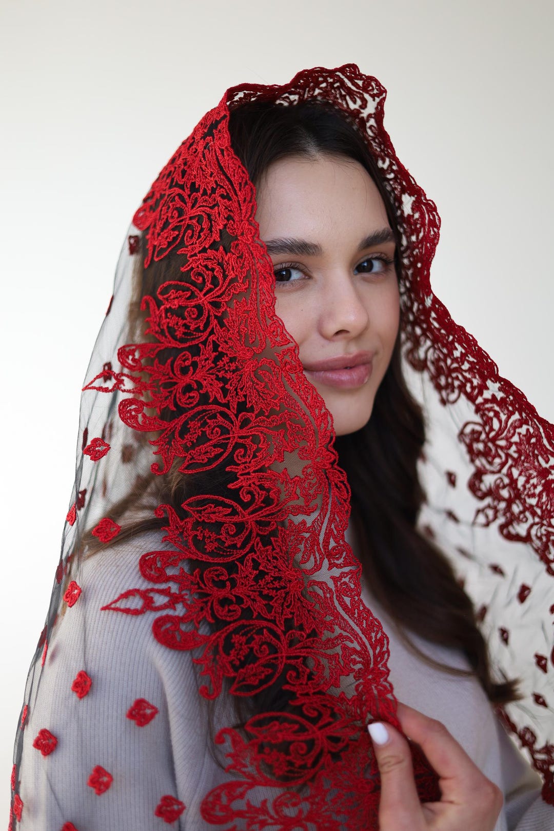Red Long Chapel Veil, Veil Black Mantilla, Lace Chapel Veil, Lace ...