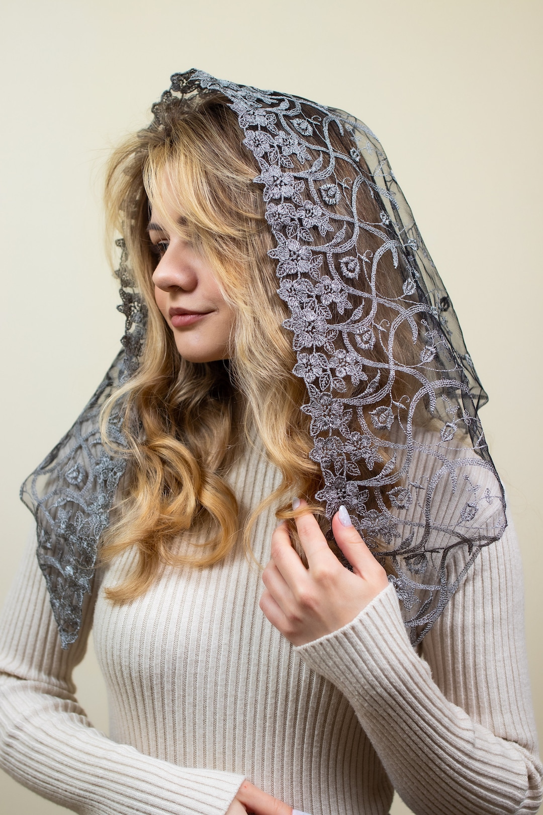Grey Chapel Veil, Catholic Lace Mantilla, Catholic Head Covering Veil ...