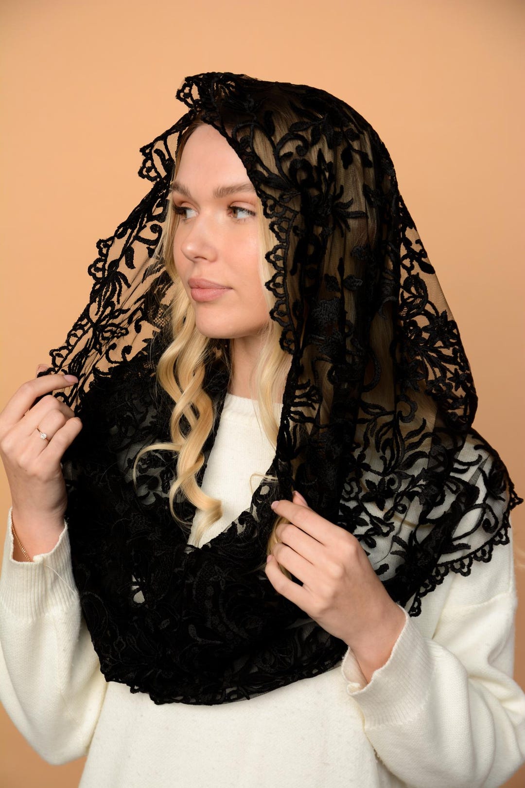 Black Lace Mantilla, Church Veil Cap, Lace Head Covering Veil, Trinity ...