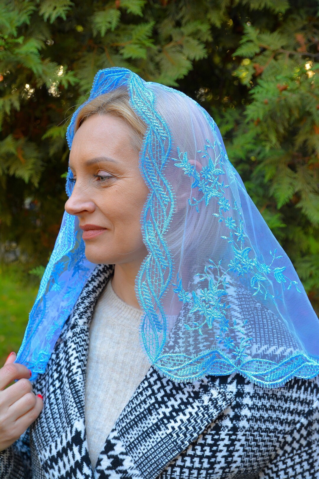 Blue Traditional Catholic D Shape Mantilla Veil, Blue Lace Scarf, Black ...