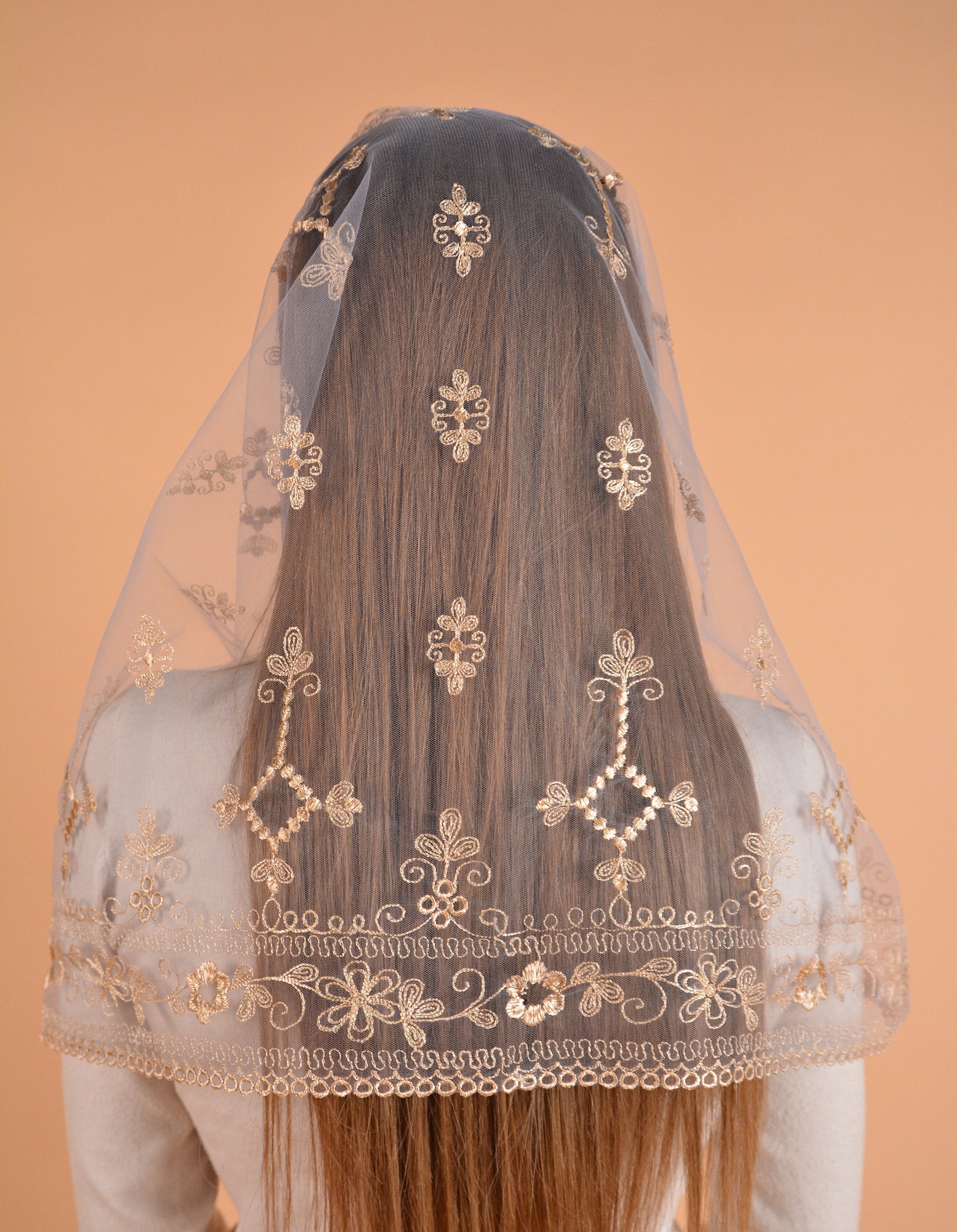 Gold Infinity Chapel Veil With Floral Embroidery, Church Lace, Catholic ...