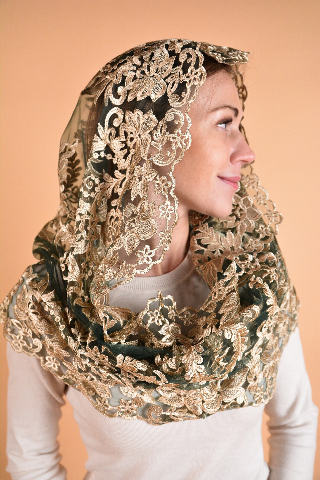 NEW!! Green Infinity Chapel Veil With Lace Edge, Catholic Head Covering ...