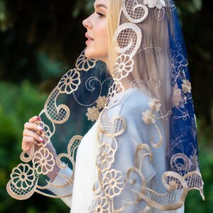 Blue Catholic Head Covering Veil, Catholic Gold Lace Mantilla, Veil for ...