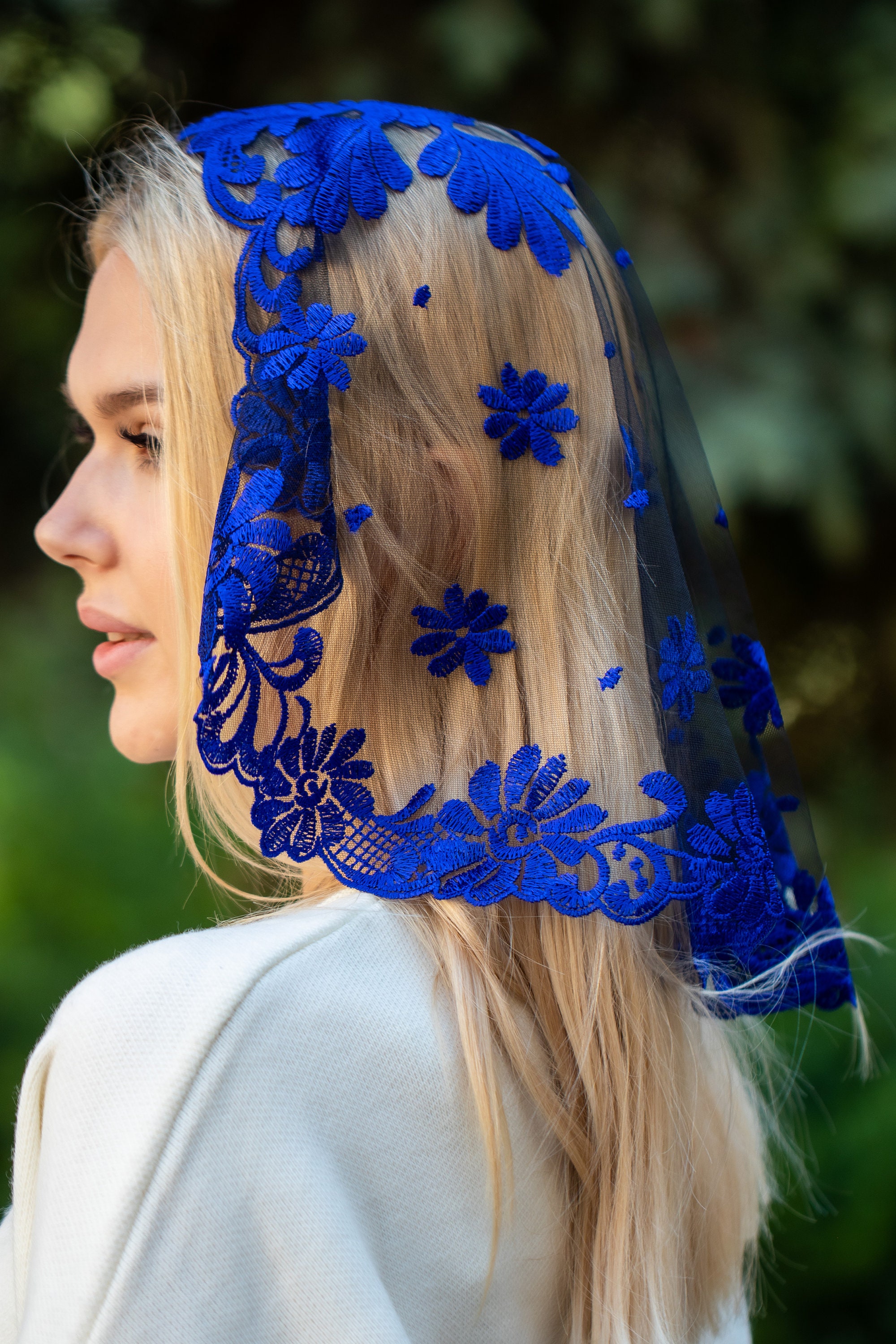Lace Mantilla, Lace Tulle Veil, Handmade Church Veil, Blue Chapel Veil ...