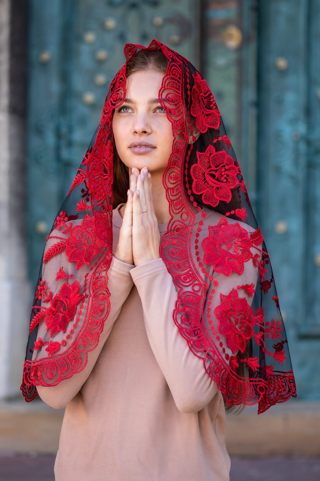 Red Chapel Veil With Lace Edge,our Lady of Guadalupe Veil, Long Church ...