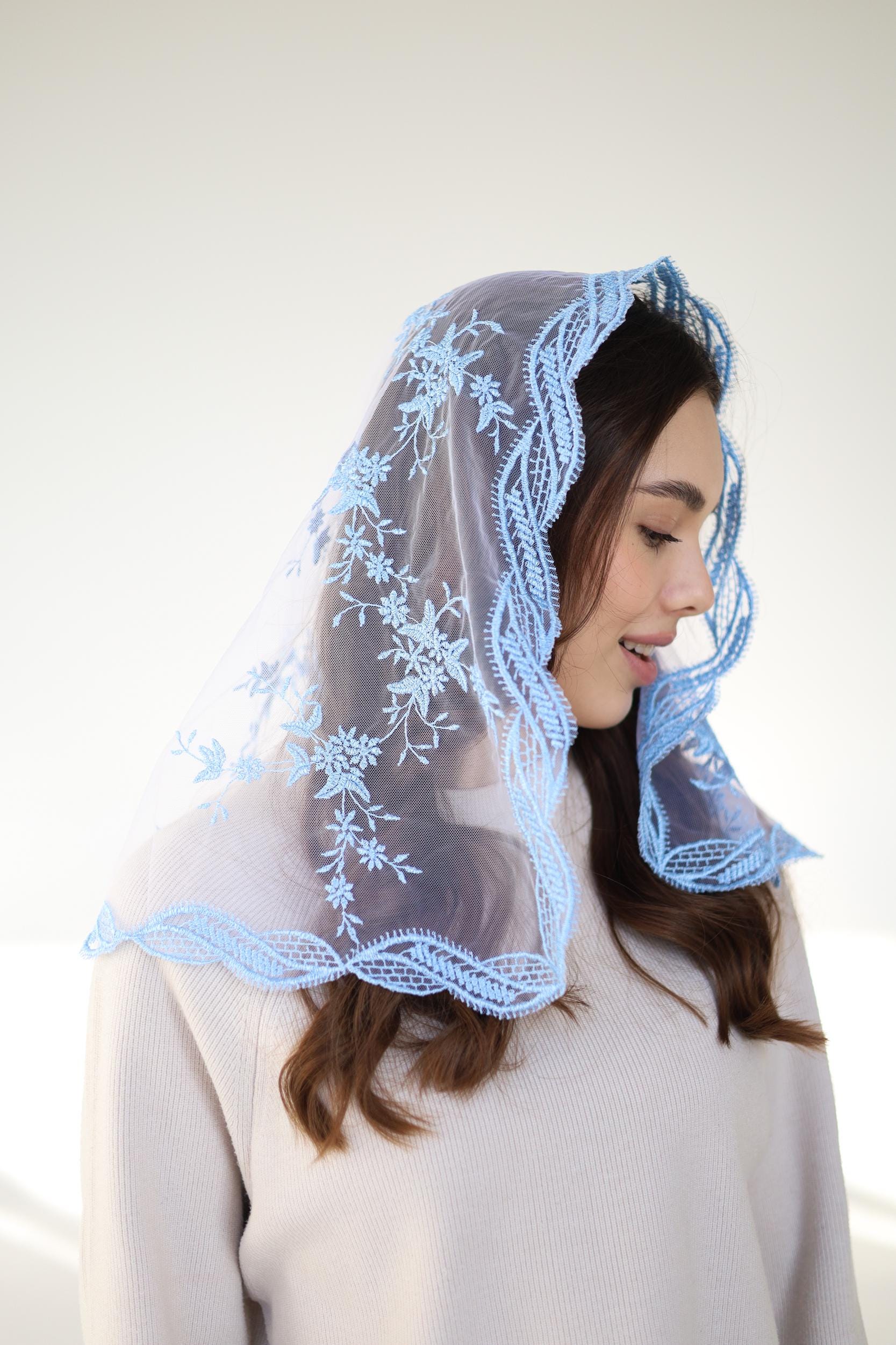 Blue Traditional Catholic D Shape Mantilla Veil, Blue Lace Scarf, Black ...