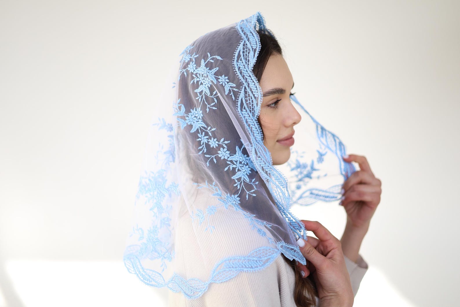 Blue Traditional Catholic D Shape Mantilla Veil, Blue Lace Scarf, Black ...
