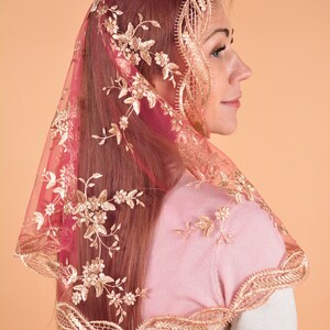 Traditional Catholic Veil, Pink Church Veil, Gold Short Lace Veil - Etsy