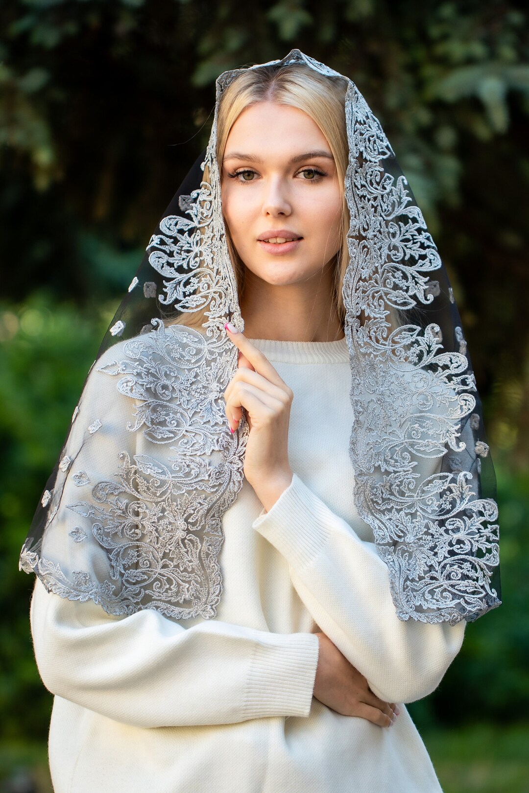 Grey Blue Mass Veil, Long Veil Mantilla, Faith Head Coverings Holy ...