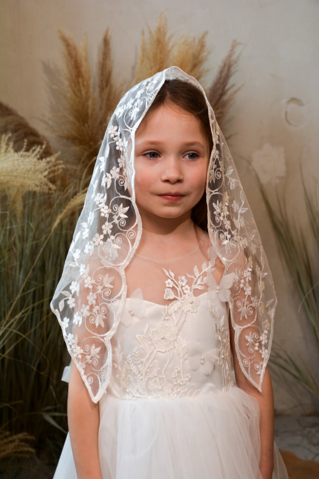 Children Ivory Triangle Lace Veil, Lace Chapel Veil, Child Latin Mass ...