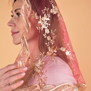 Traditional Catholic Veil, Pink Church Veil, Gold Short Lace Veil - Etsy
