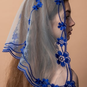 Blue Veil With Floral Embroidery, Church Lace Head Covering Veil ...
