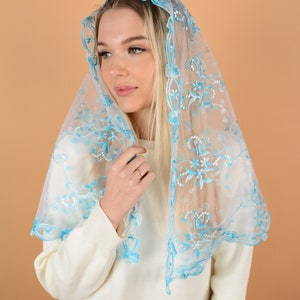 Light Blue Gradient Limited Veil, Long Mantilla, Blue Catholic Veil ...