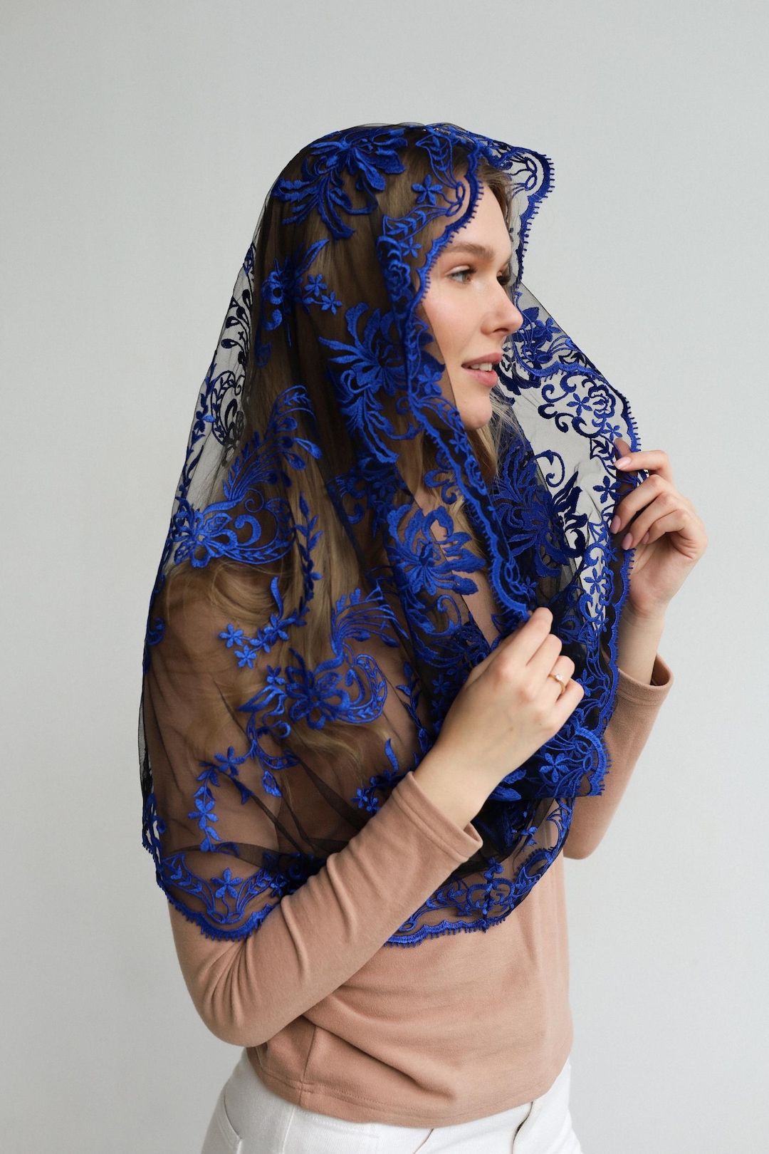 Blue Embroidered Chapel Veil, Royal Blue Mantilla, Modest Head Covering ...