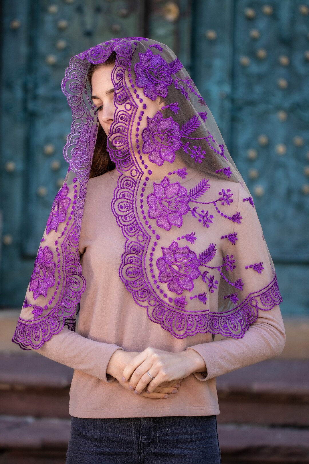 BESTSELLER Veil| Long Lace Mantilla in Purple Color, Chapel Veil With ...