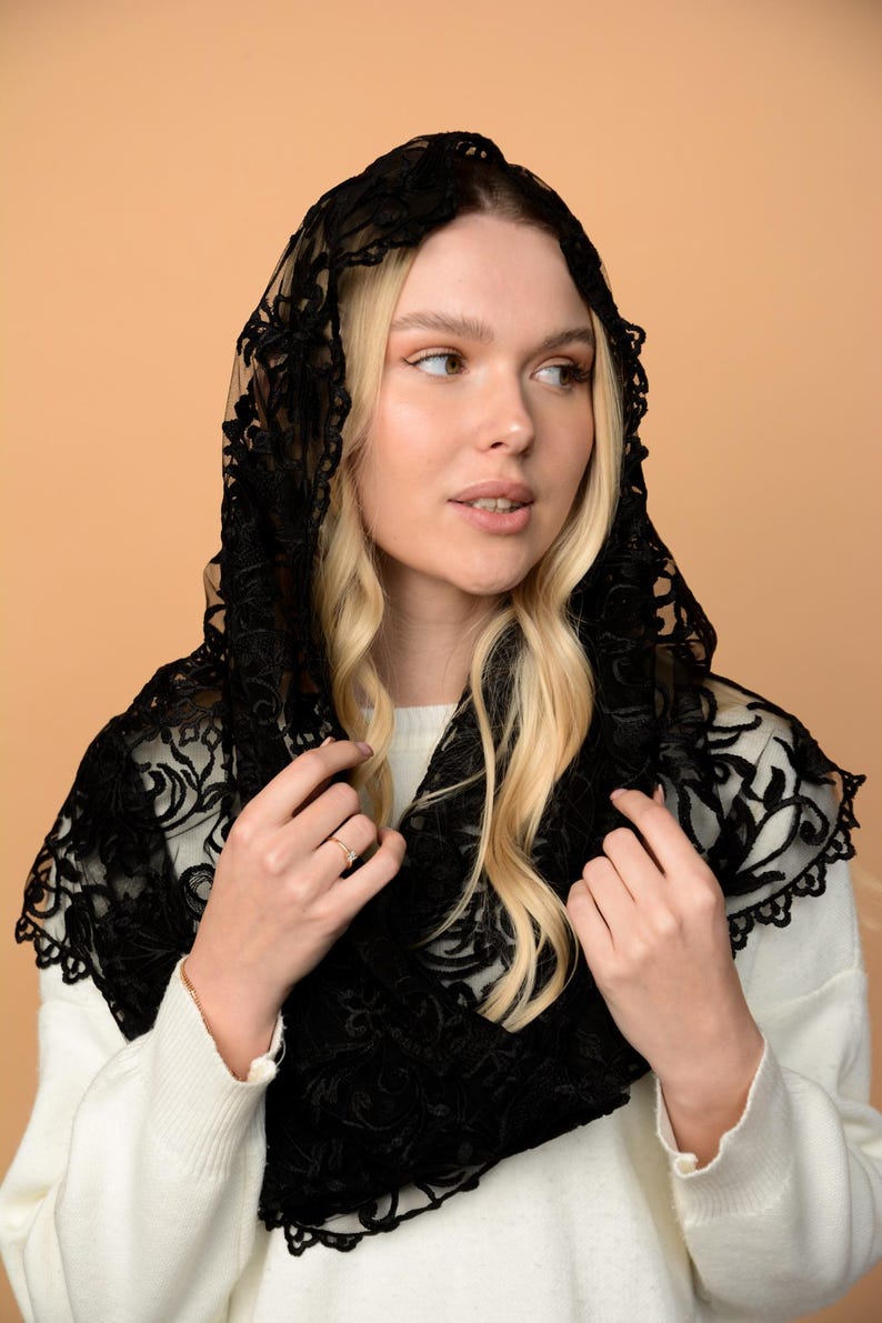 Black Lace Mantilla, Church Veil Cap, Lace Head Covering Veil, Trinity ...
