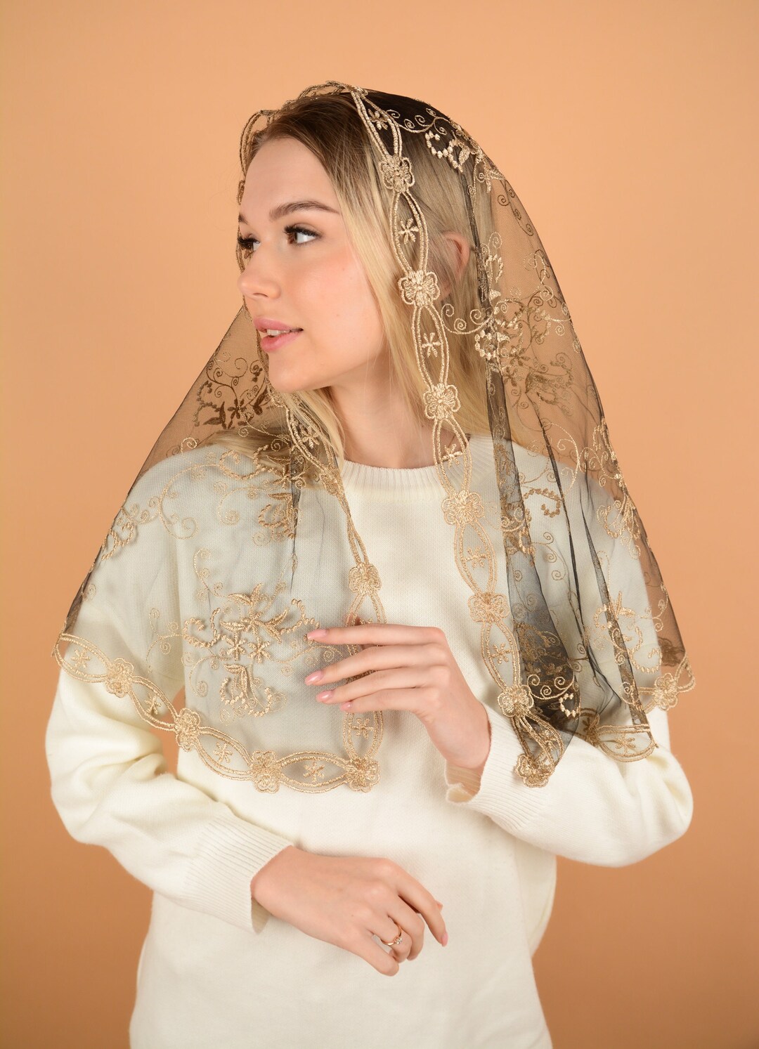 Long Gold Church Veil, Veil for Church, Catholic Mass Veil, Cathedral ...