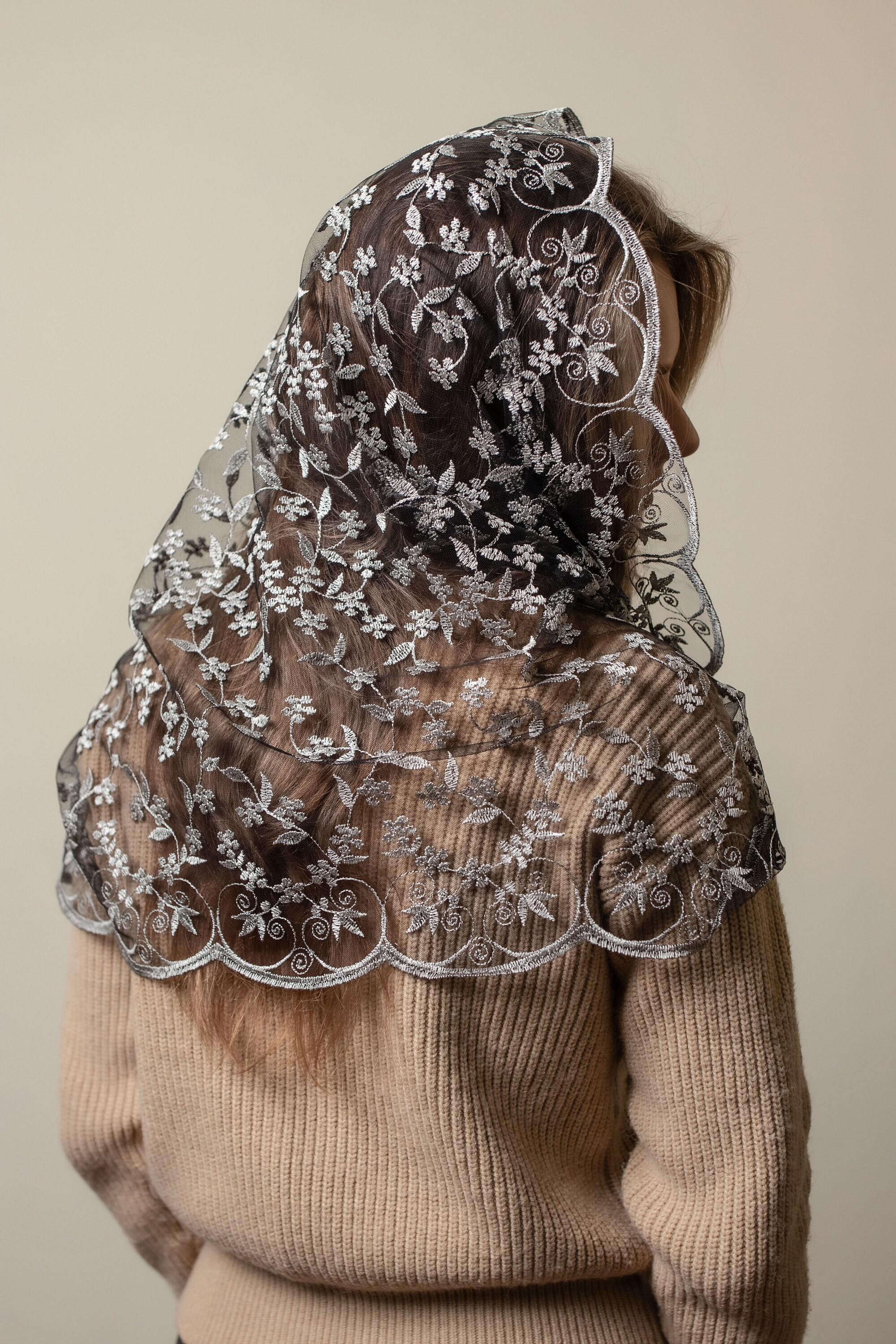 Classic infinity veil Latin mass grey veil Infinity Catholic | Etsy