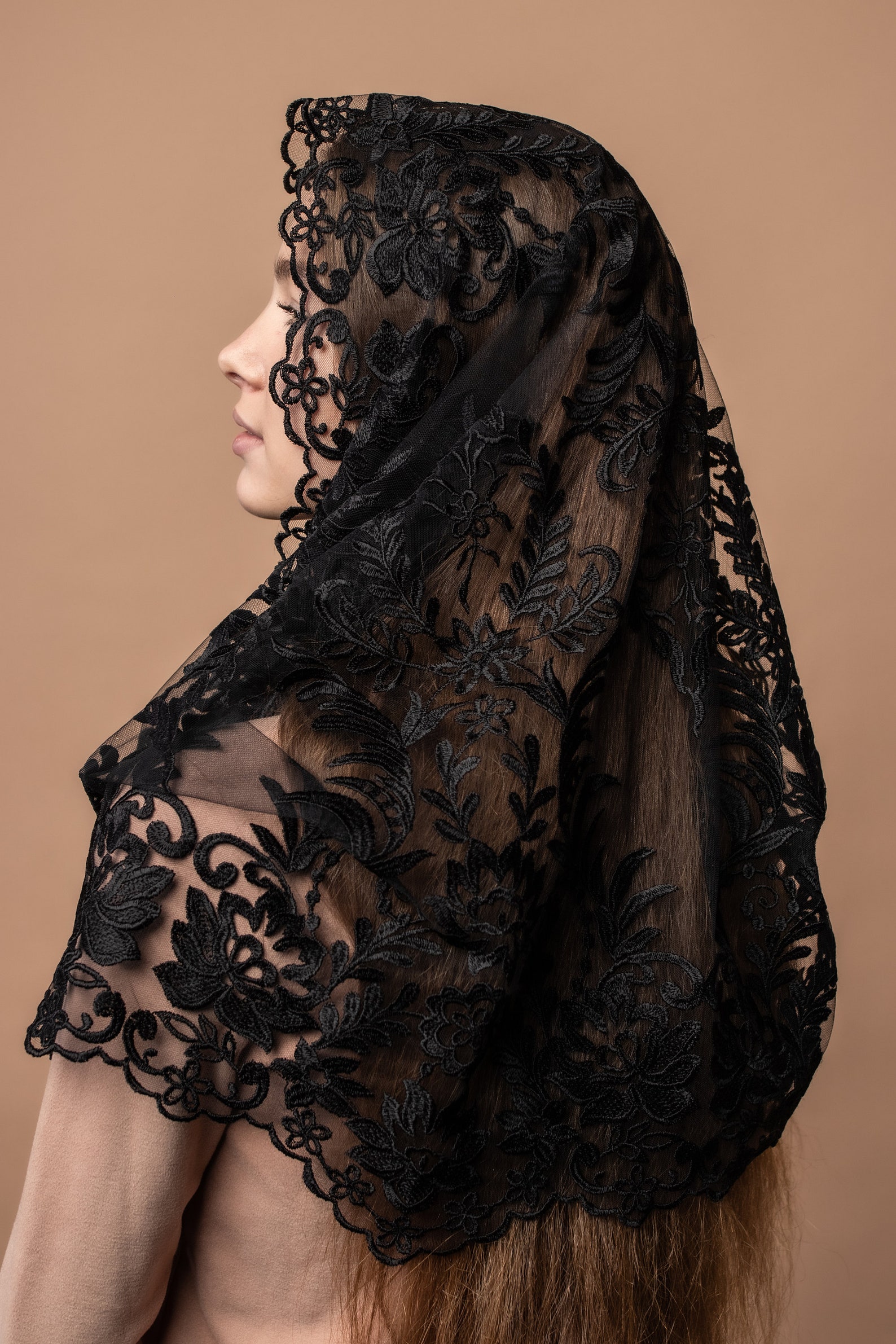 Black Lace Mantilla, Church Veil Cap, Lace Head Covering Veil, Trinity ...