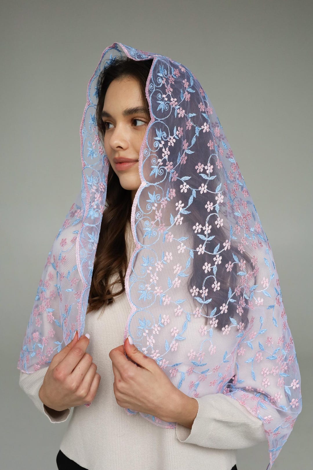 Pink Long Lace Veil, Lace Chapel Veil, Latin Mass Veil, Long Mantilla ...