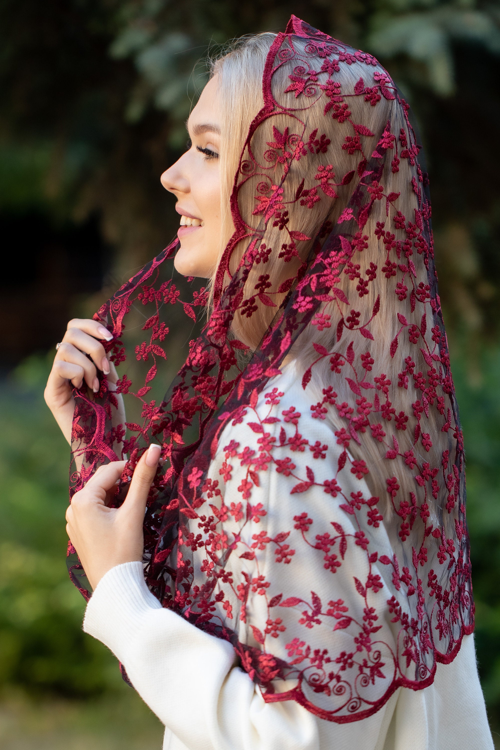 Infinity Chapel Veil, Burgundy Church Mantilla, Catholic Burgundy Veil ...