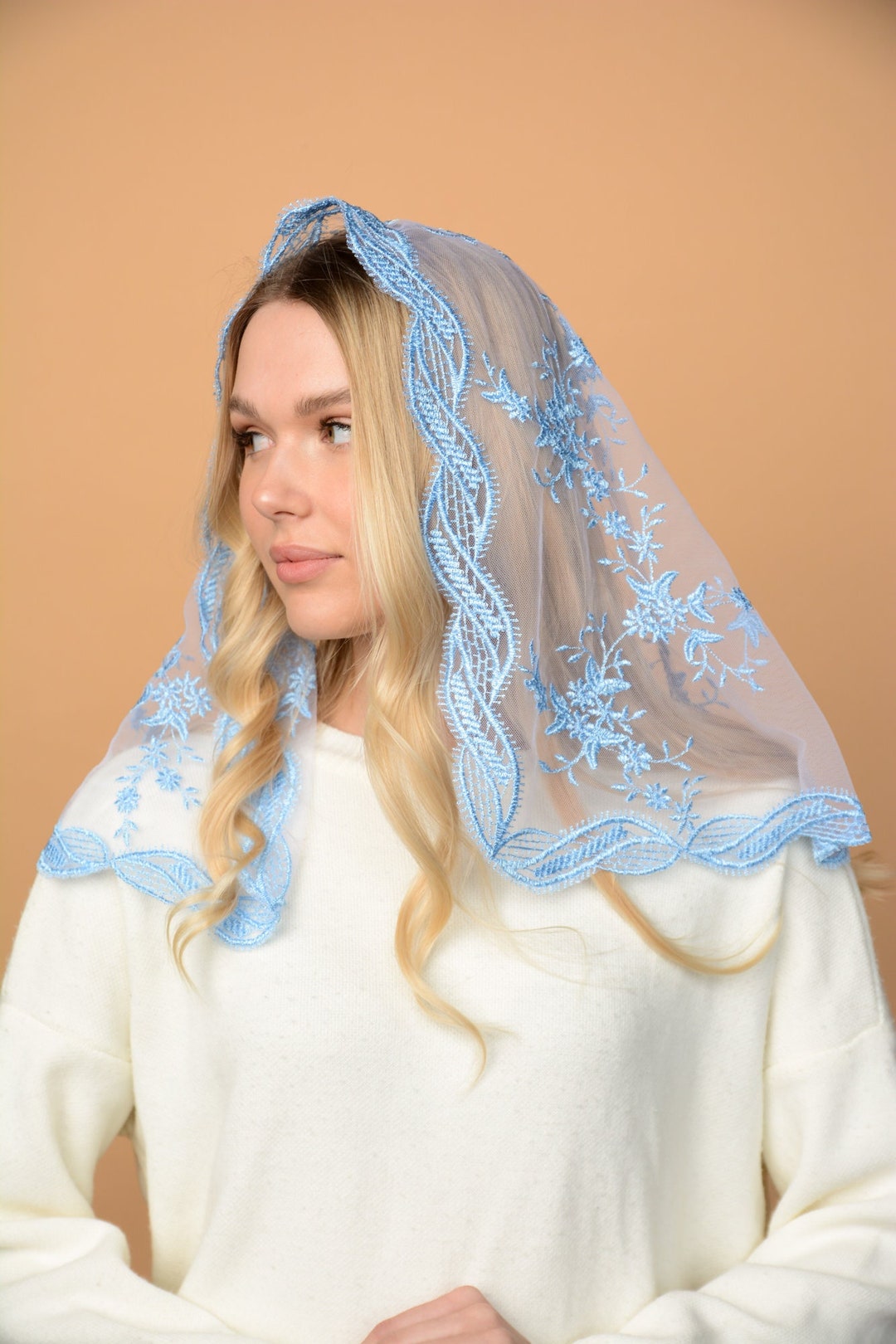 Blue Traditional Catholic D Shape Mantilla , Bluelace Scarf, Bluechurch ...