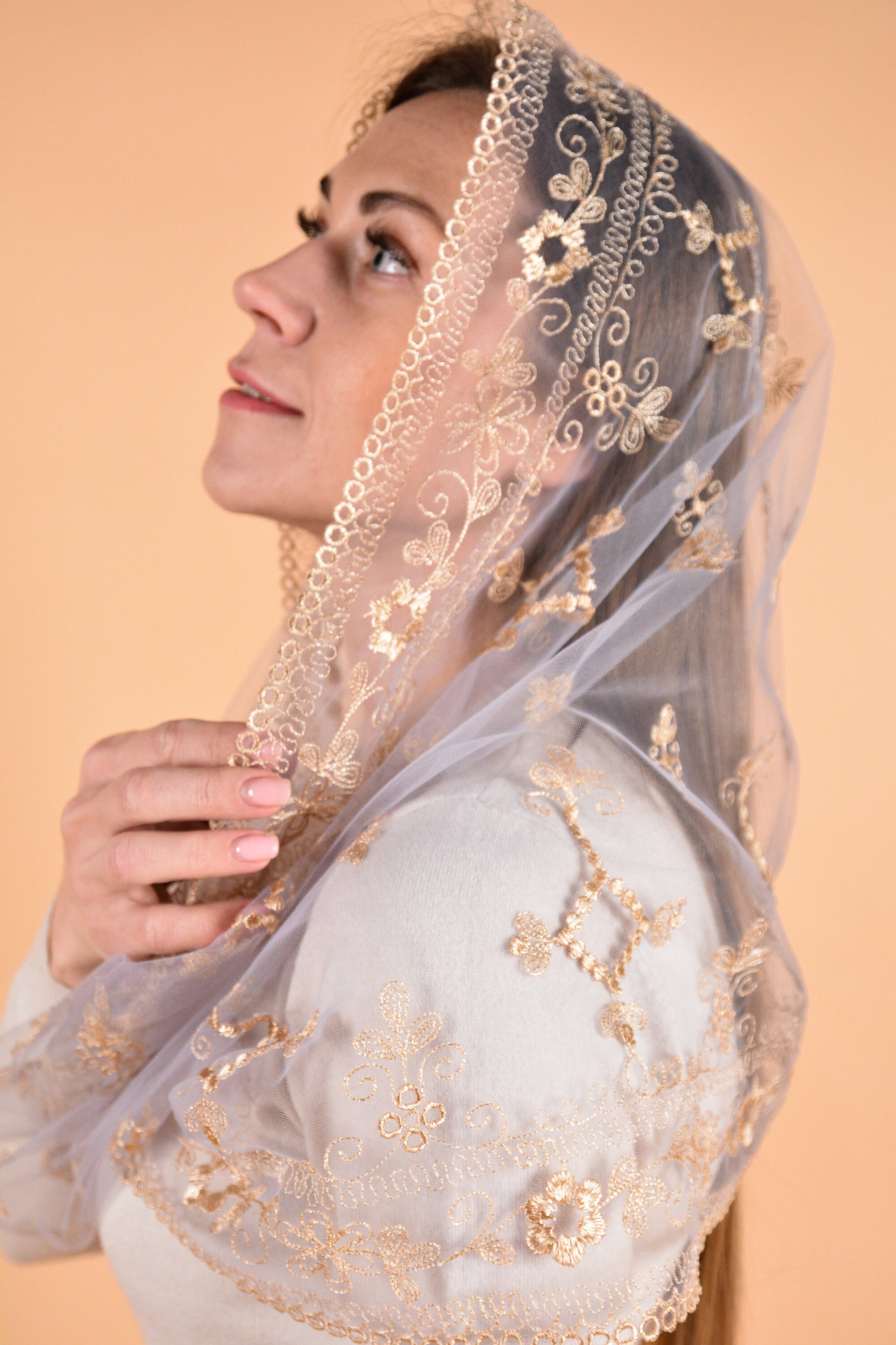 Gold Infinity Chapel Veil With Floral Embroidery, Church Lace, Catholic ...