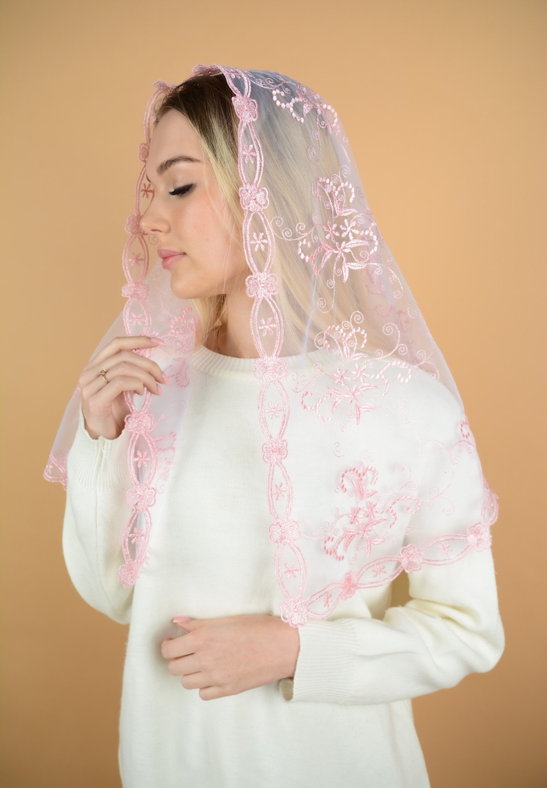 Pink Long Mass Veil, Long Veil Mantilla, Faith Head Coverings Holy ...