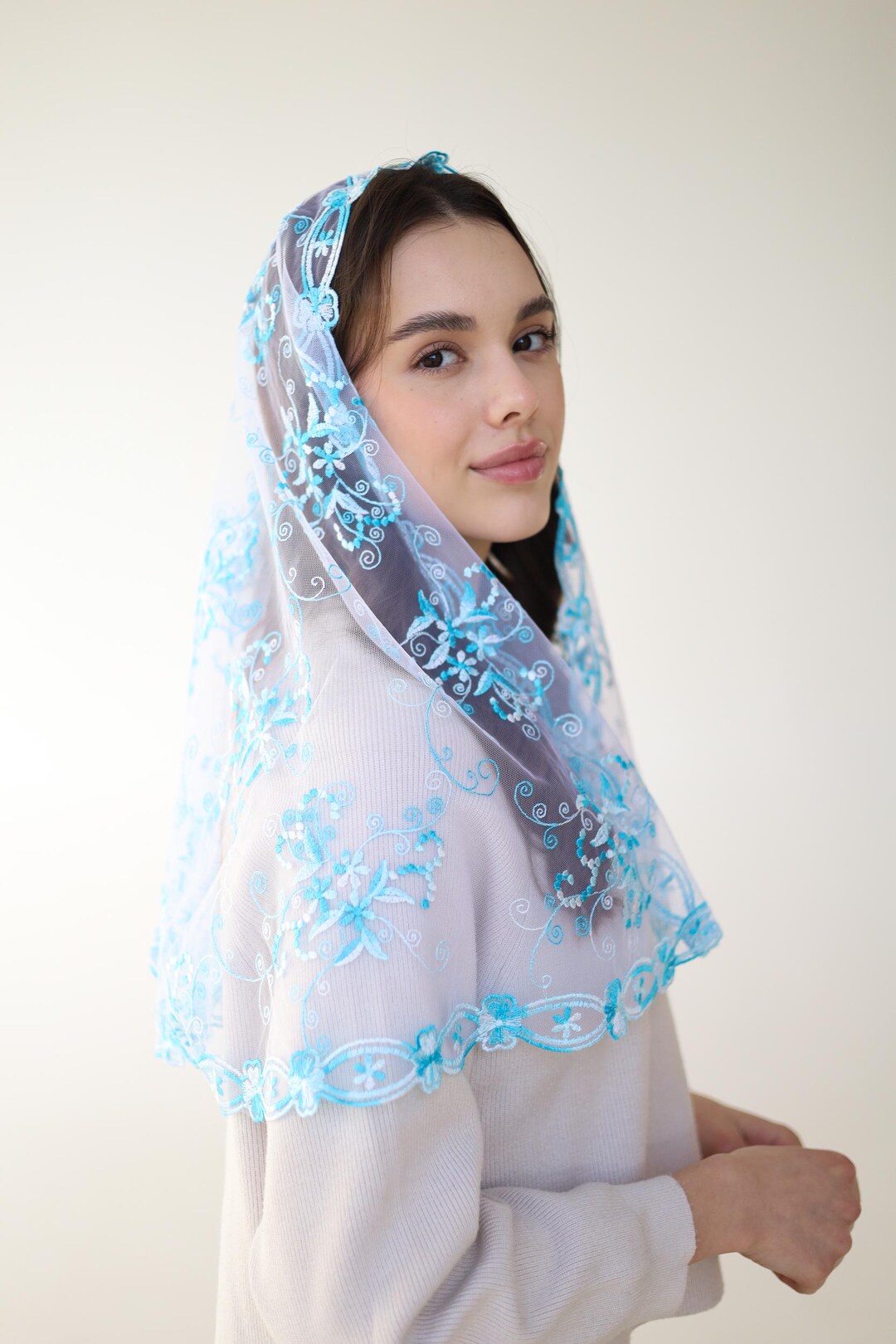 Limited Light Blue Long Veil, Long Mantilla, Purple Gradient Catholic ...