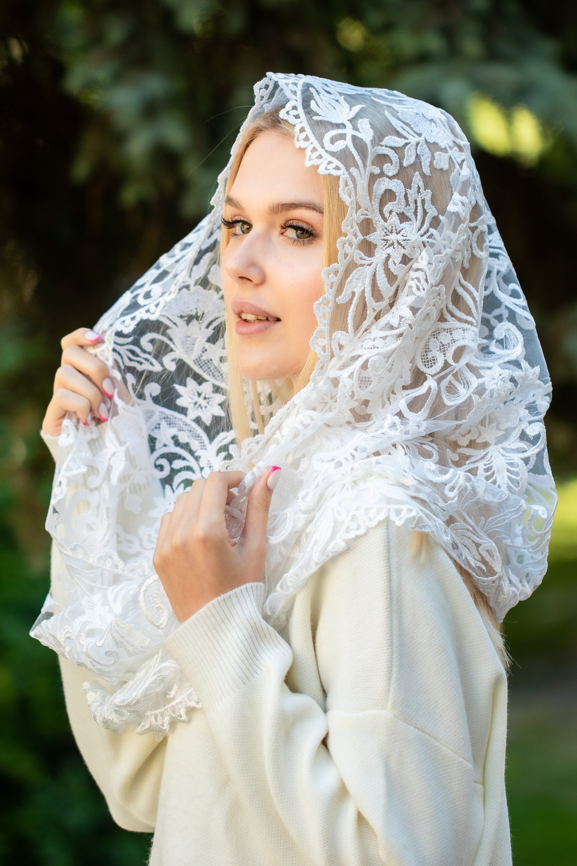 NEW Ivory Traditional Catholic D Shape Mantilla Veil, Ivory Lace Scarf ...
